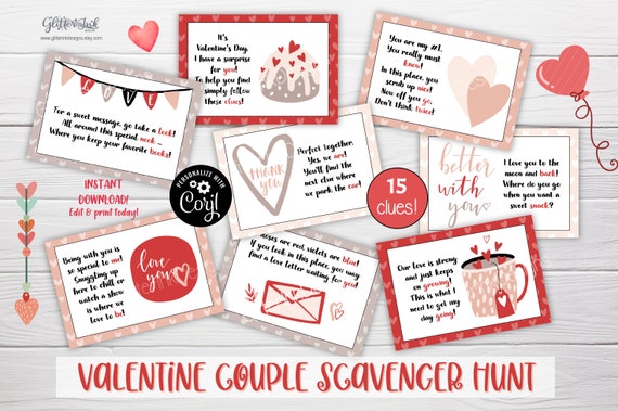 Valentine's Day scavenger hunt clue cards / Valentines Day treasure ...