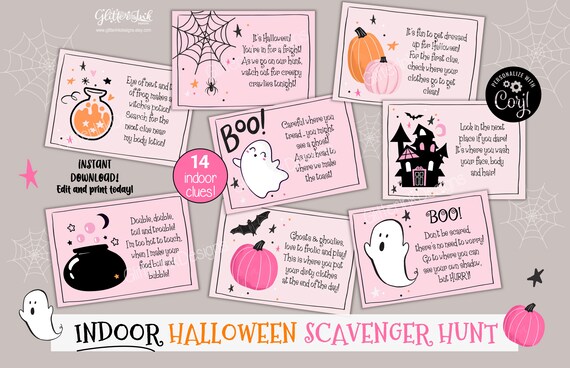 Indoor Halloween scavenger hunt / Kids Halloween treasure hunt clues ...