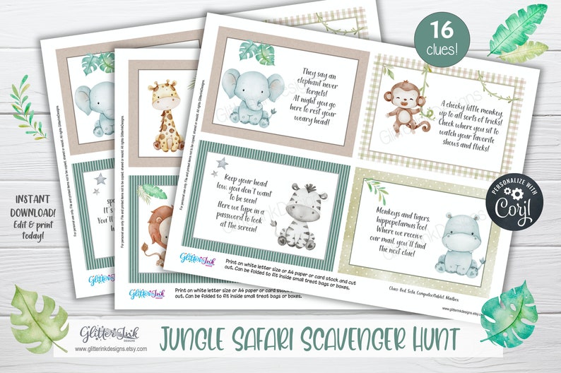 Safari Scavenger Hunt Clue Cards / Jungle Party Treasure Hunt Clues ...