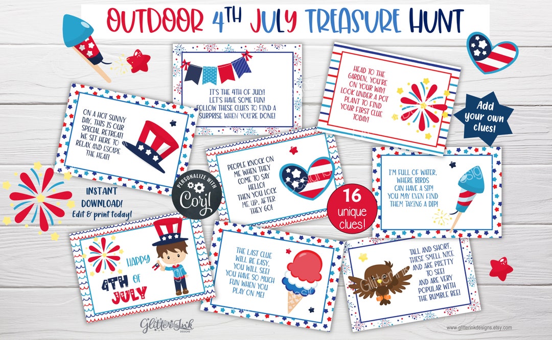 4th of July Scavenger Hunt Clue Cards / Outdoor Fourth of July Kids ...