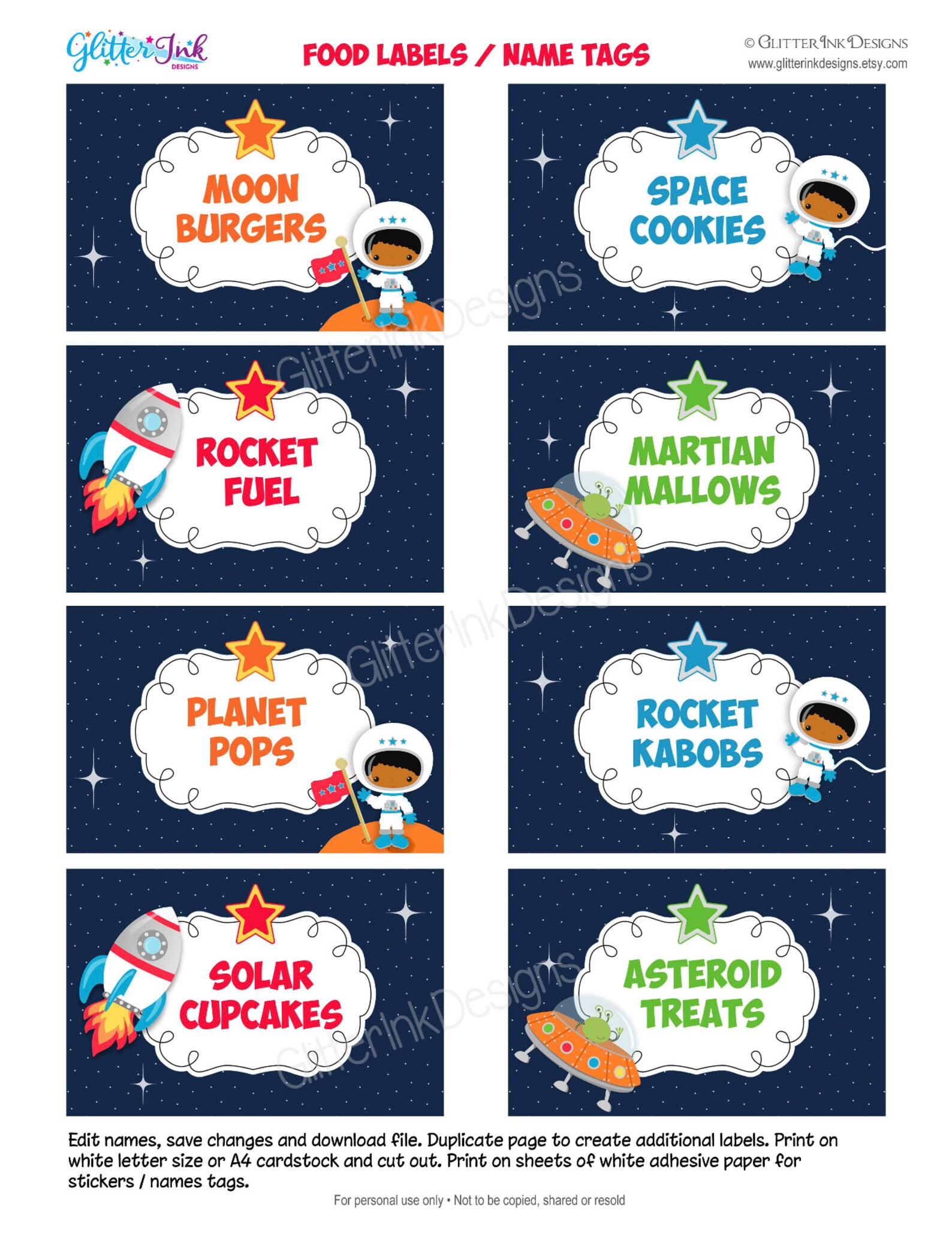 Astronaut Party Food Tent Cards / Outer Space Party Buffet Table Cards ...