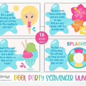 Summer Themed Pool Party Printable Scavenger Hunt Clue Cards, Tropical ...