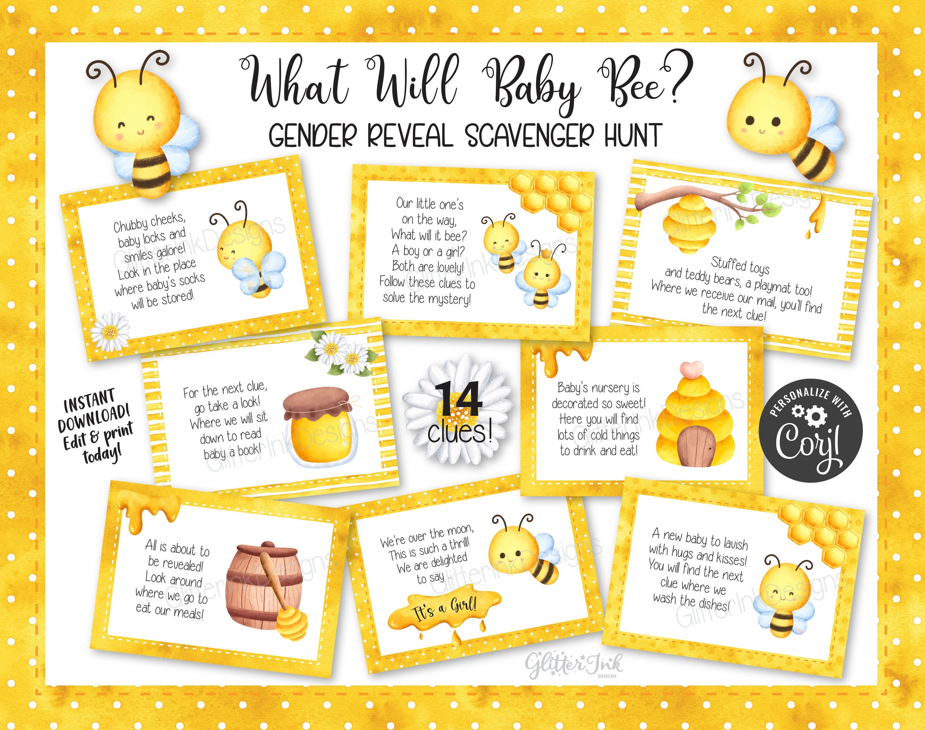 What Will Baby Bee? Gender Reveal Scavenger Hunt Clue Cards for Baby ...