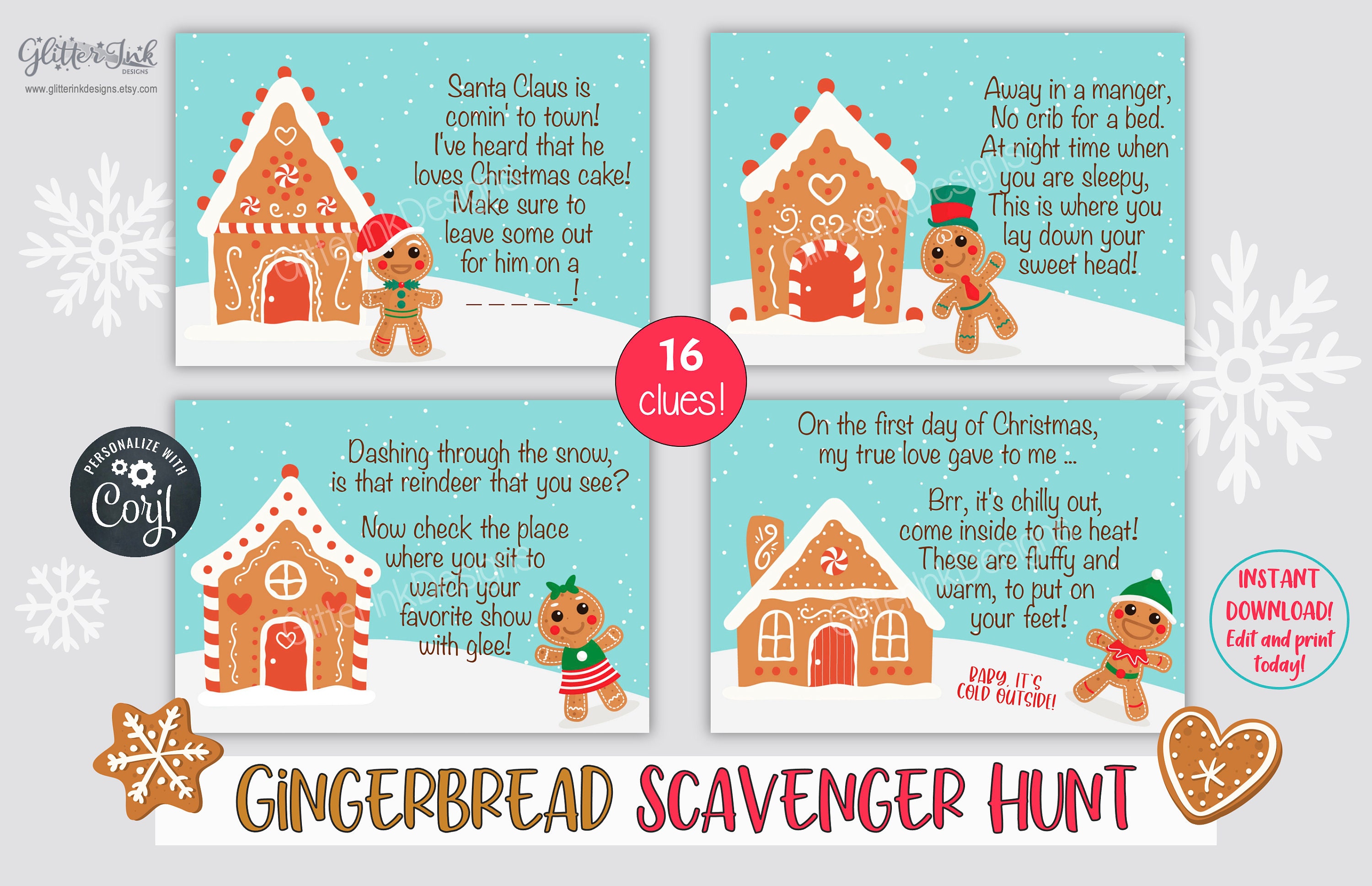 Gingerbread Christmas Scavenger Hunt Clue Cards, Printable Treasure ...