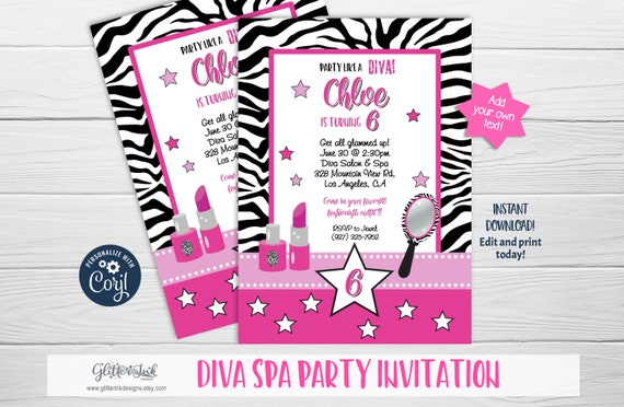 Diva party invitation / Glam Spa Party Hot Pink zebra stripe editable ...
