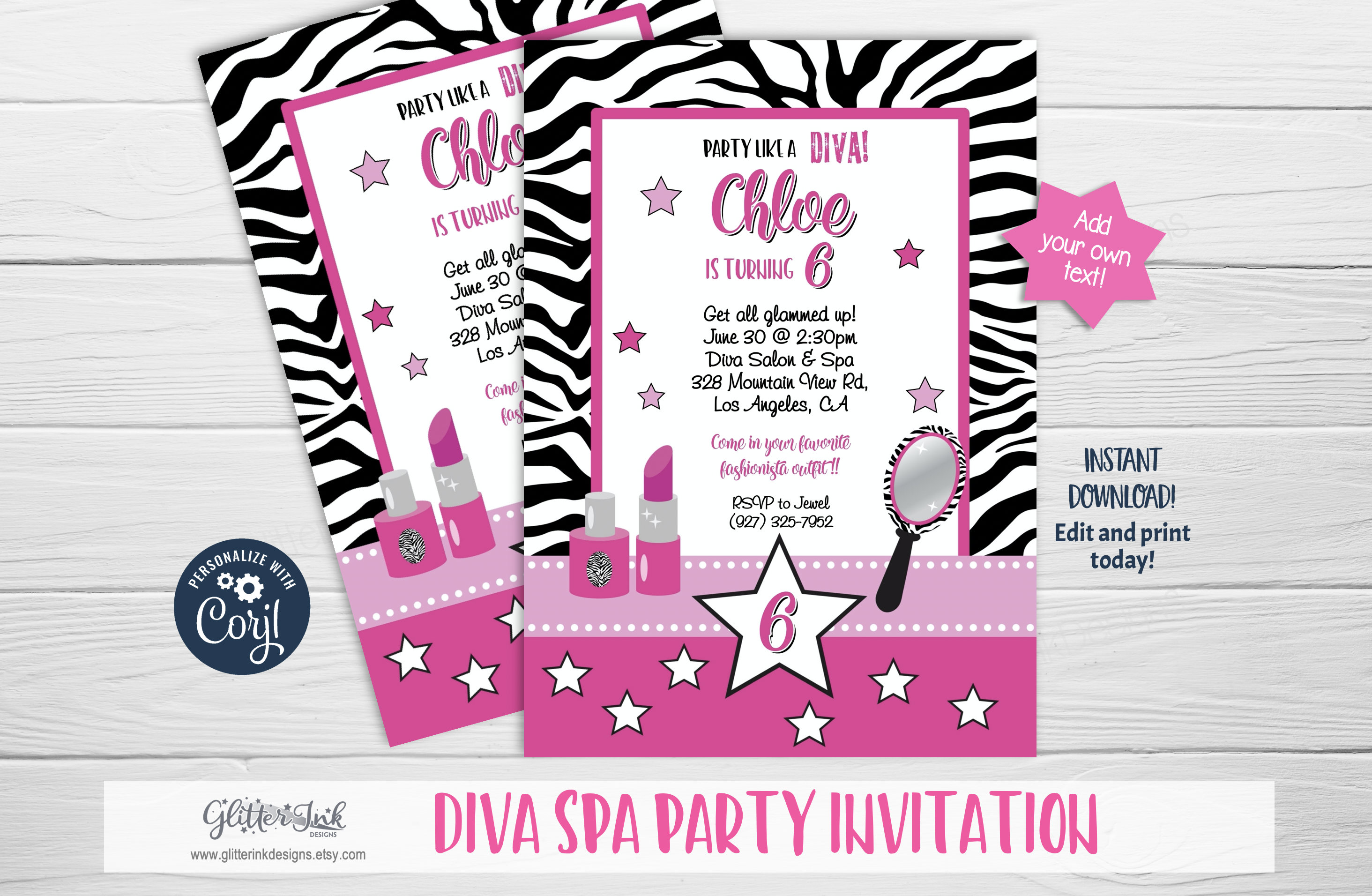 Diva Party Invitation / Glam Spa Party Hot Pink Zebra Stripe | Etsy