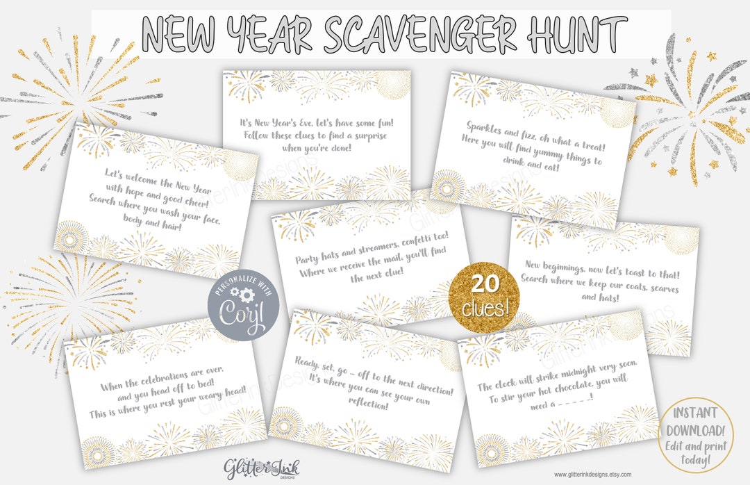 2024 New Years Eve Scavenger Hunt Clue Cards / New Year's Eve Treasure ...