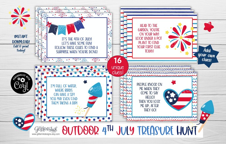 4th of July Scavenger Hunt Clue Cards / Outdoor Fourth of July Kids ...
