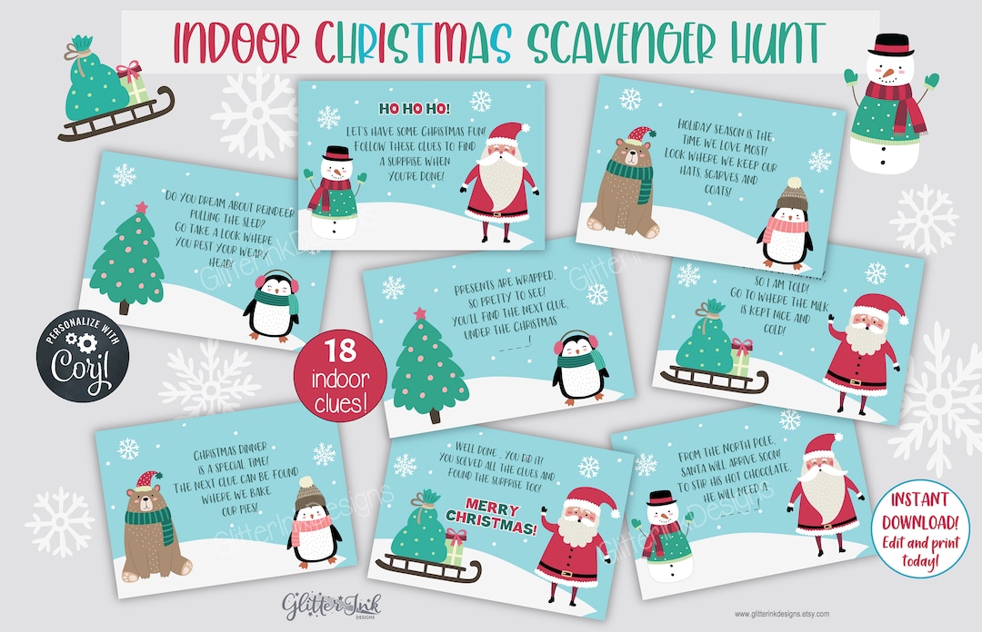 INDOOR Christmas Scavenger Hunt Clue Cards, Secret Santa Printable ...