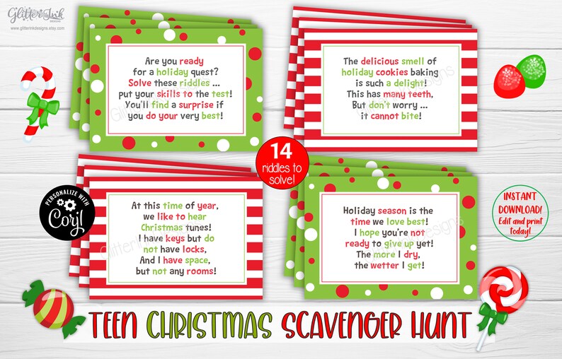 Teen Christmas Scavenger Hunt Riddles, Printable Xmas Tricky Treasure ...
