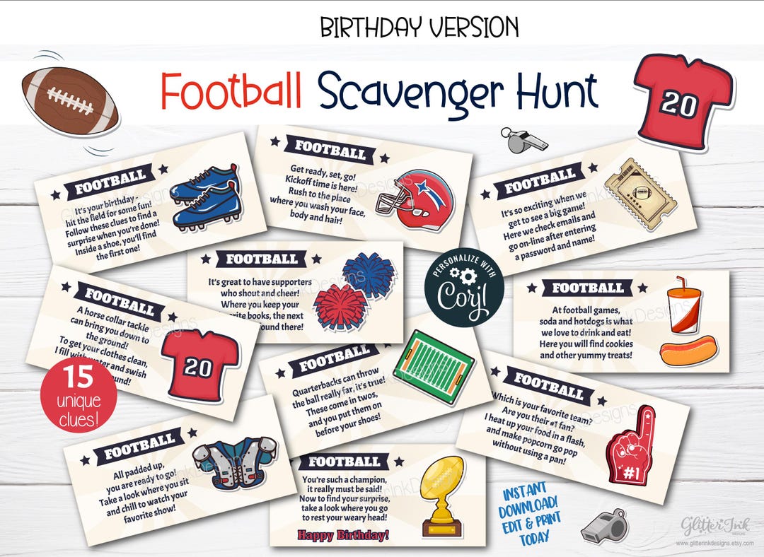 American Football Printable Scavenger Hunt Clue Cards, Super Bowl Party ...