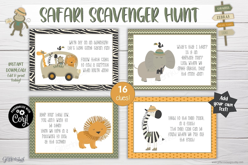 Jungle Safari Printable Scavenger Hunt Clue Cards, Animals First ...