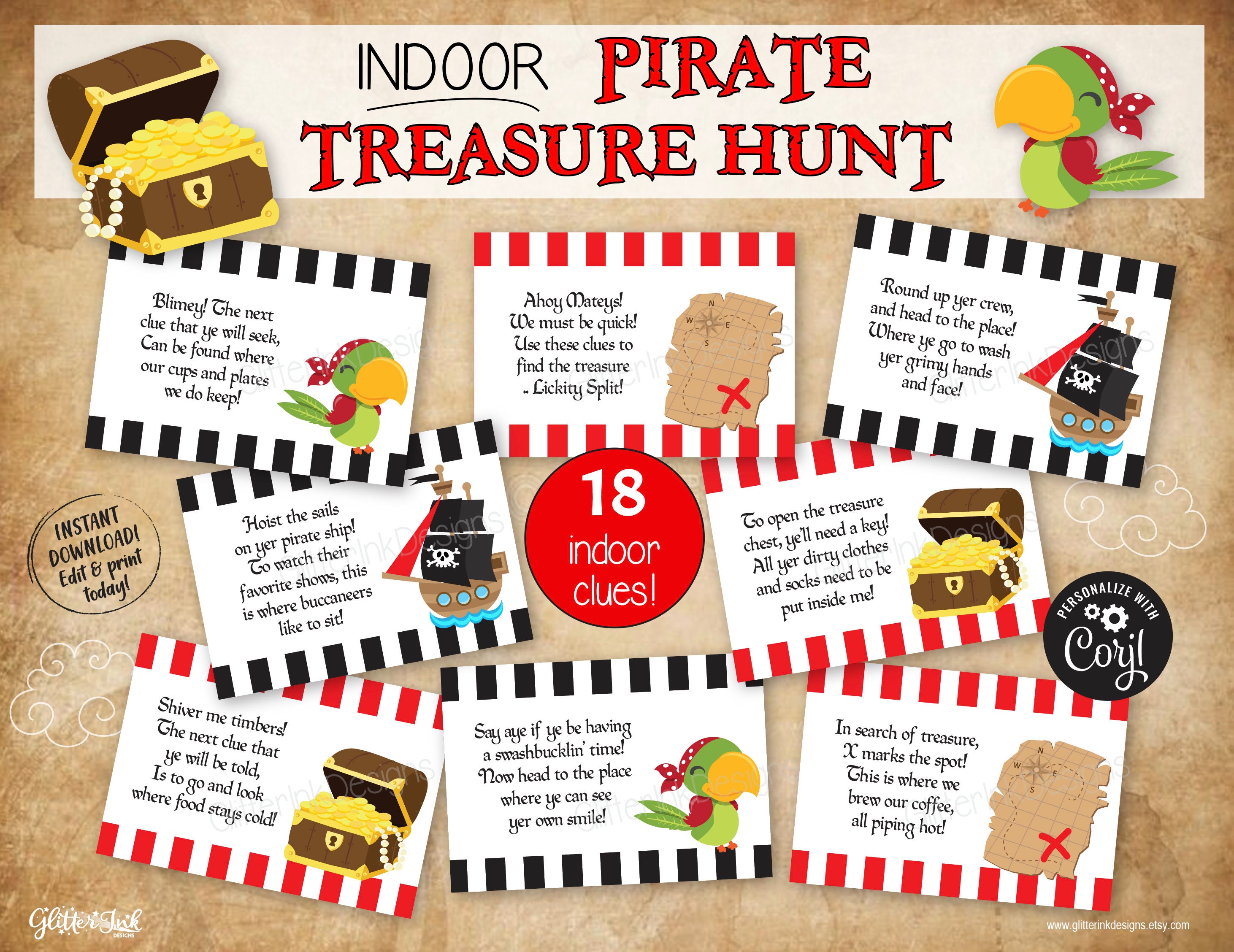 Indoor Pirate Treasure Hunt Clues for Kids With Rhyming Riddles, Pirate ...