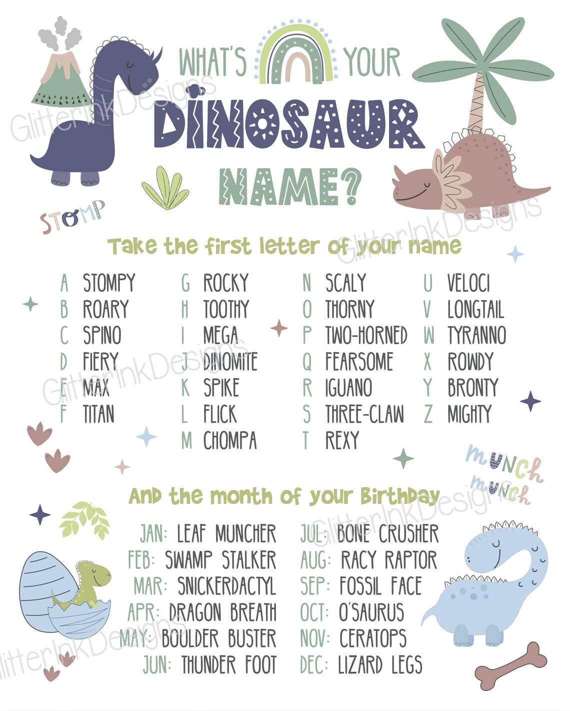 What's Your Dinosaur Name Printable Party Game Sign, Name Tags and ...