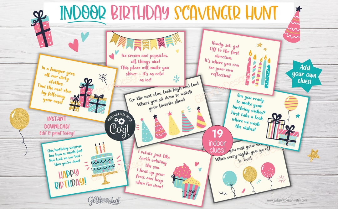 Indoor Birthday Party Printable Scavenger Hunt Clue Cards for Kids ...