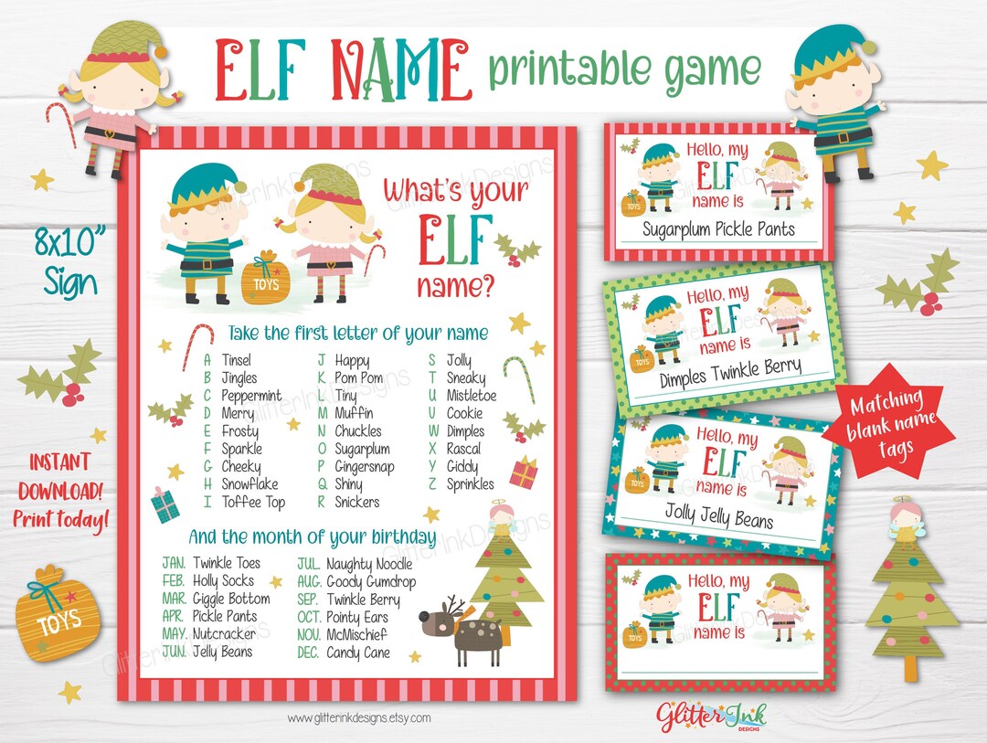 What's Your Elf Name Game Printable Sign Tags and Cards, Fun Christmas ...