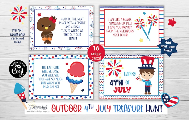 4th of July Scavenger Hunt Clue Cards / Outdoor Fourth of July Kids ...