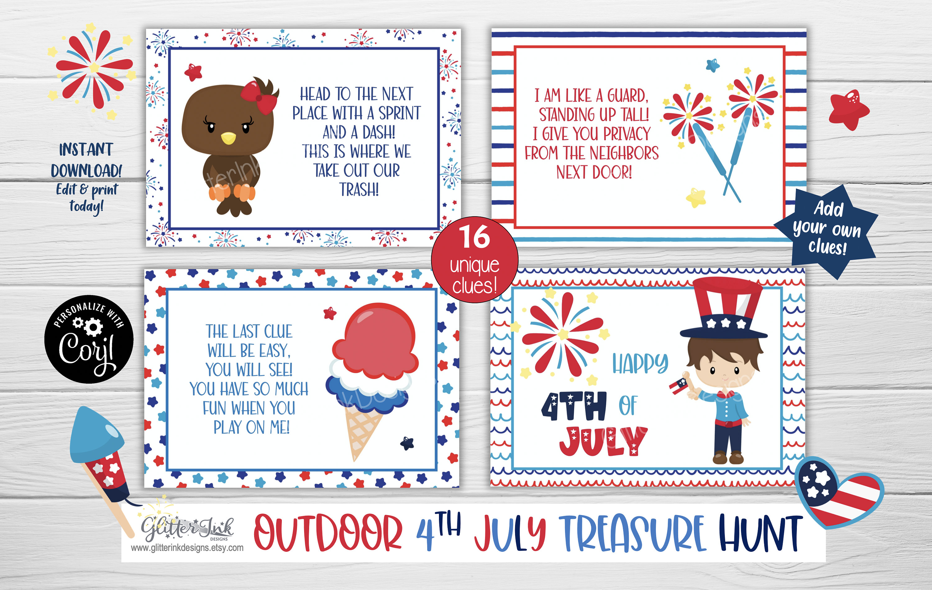 4th of July Scavenger Hunt Clue Cards / Outdoor Fourth of July Kids ...