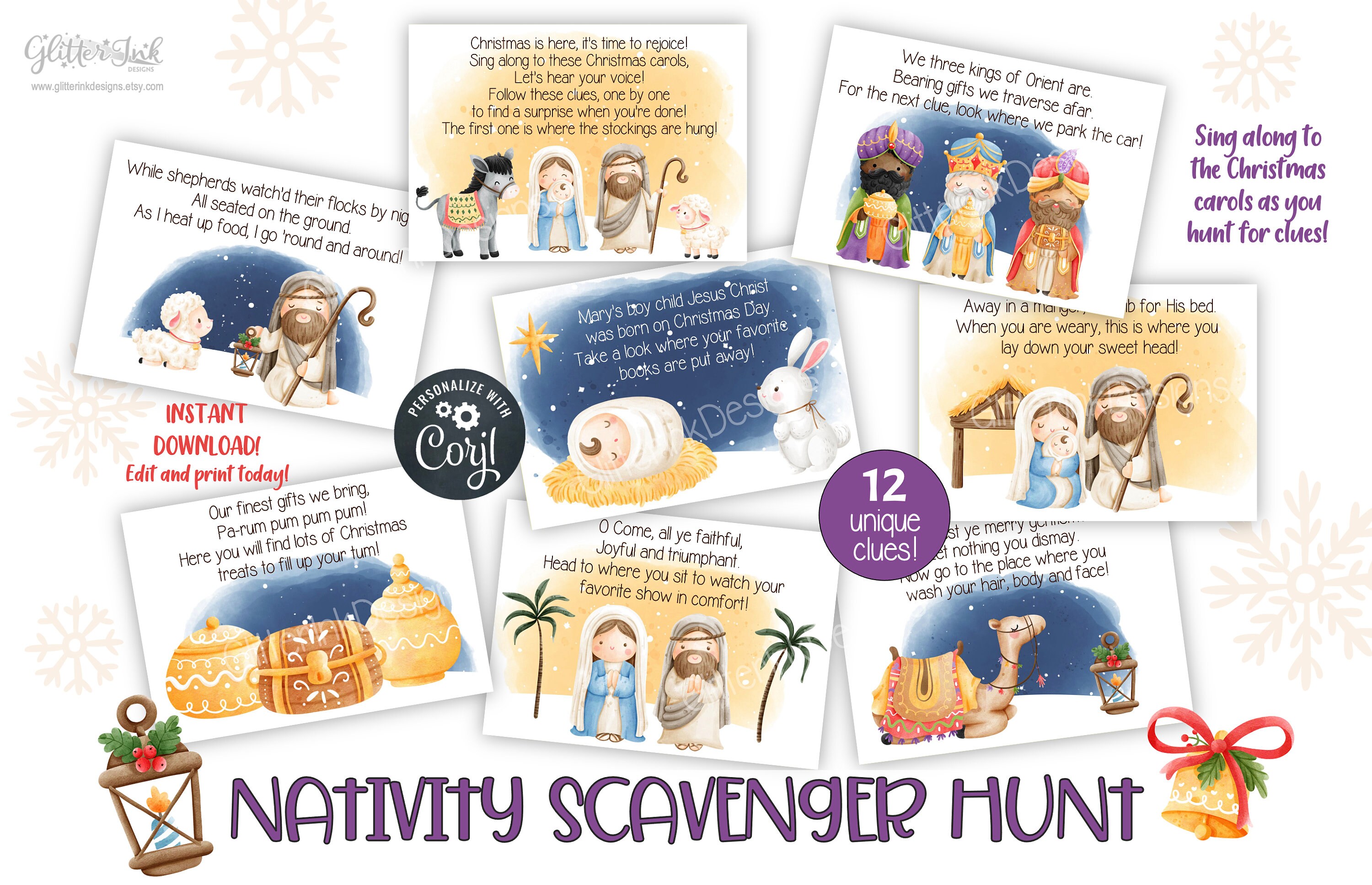 Nativity Scene Christmas Carols Scavenger Hunt Clue Cards for Kids ...