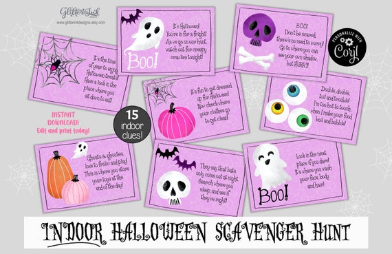 Indoor Halloween scavenger hunt / Kids Halloween treasure hunt clues ...