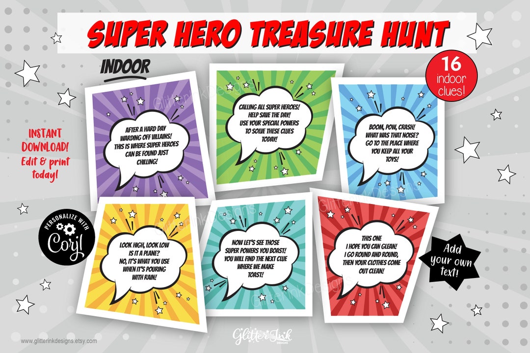 Indoor Superhero Scavenger Hunt Clue Cards / Superheroes Treasure Hunt ...