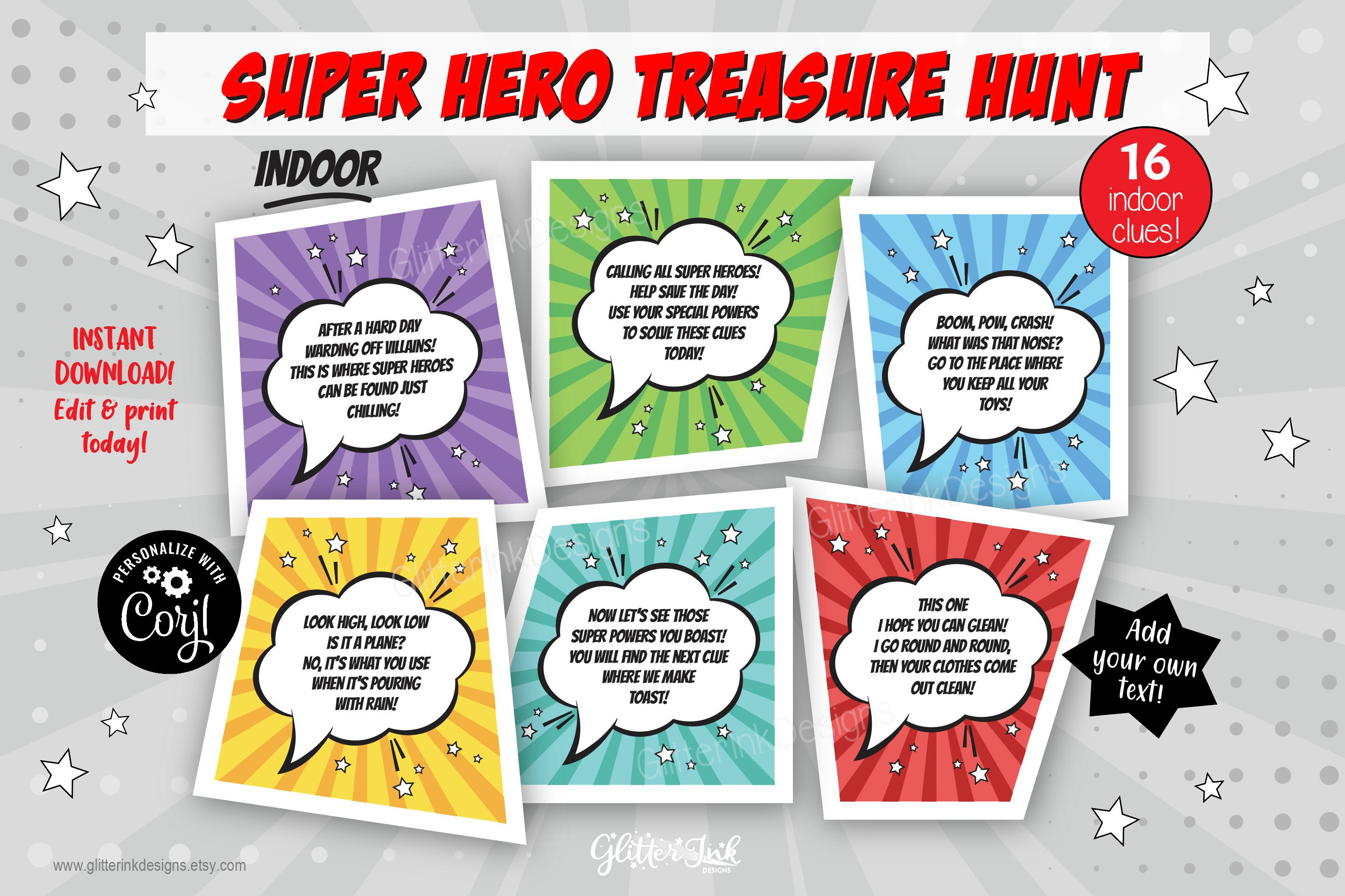 Indoor Superhero Scavenger Hunt Clue Cards / Superheroes Treasure Hunt ...