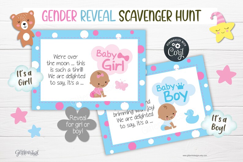 Gender Reveal Scavenger Hunt Clue Cards for Baby Shower Party Games ...