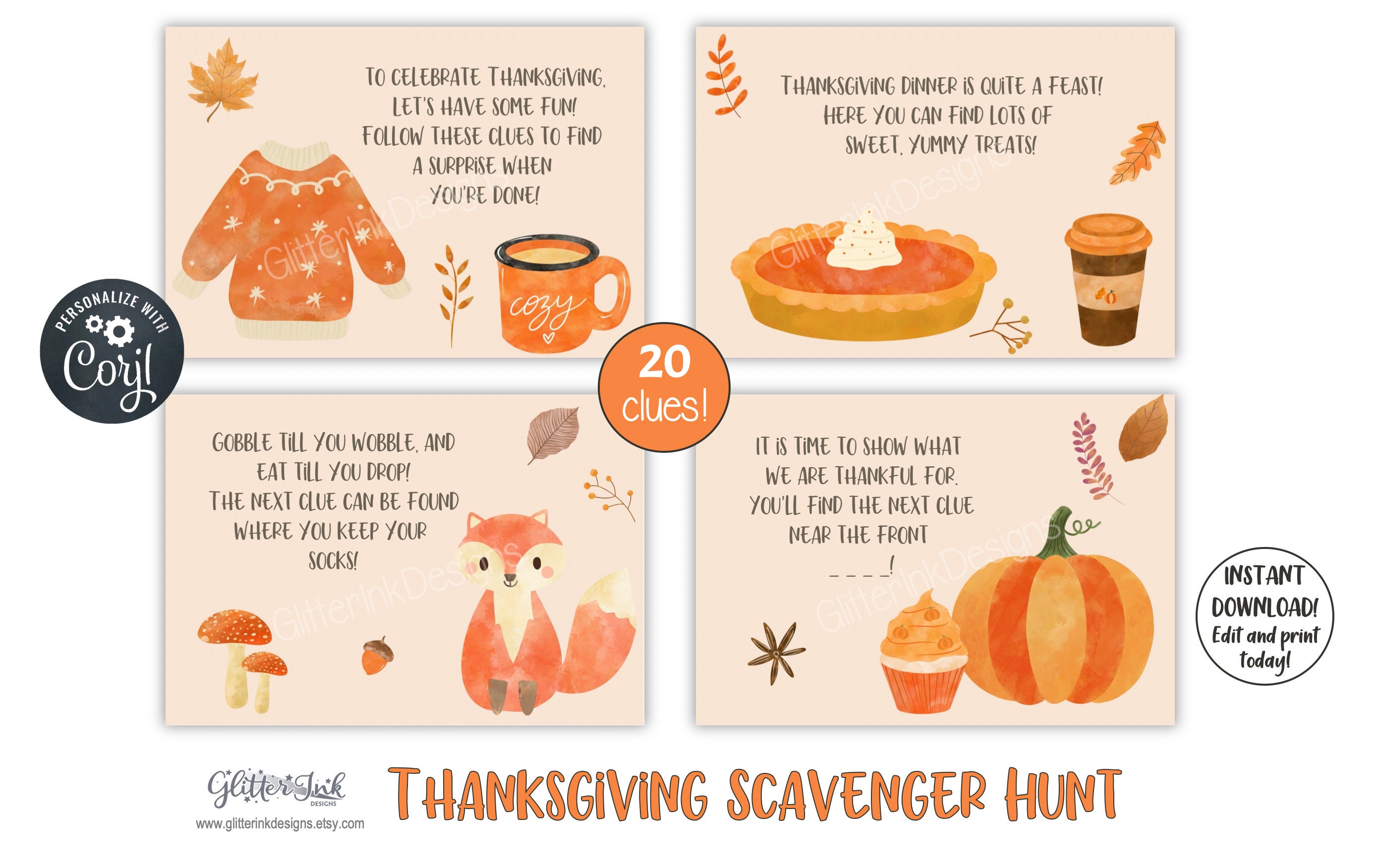 Thanksgiving scavenger hunt clue cards / Thanksgiving treasure | Etsy