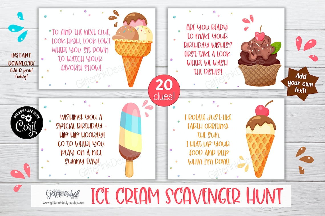 Ice Cream Themed Treasure Hunt Clues for Kids Birthday Party, Popsicle ...