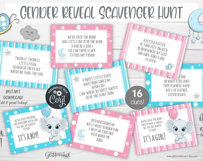 Gender Reveal Treasure Hunt Clues, Gender Reveal Scavenger Hunt, Gender ...