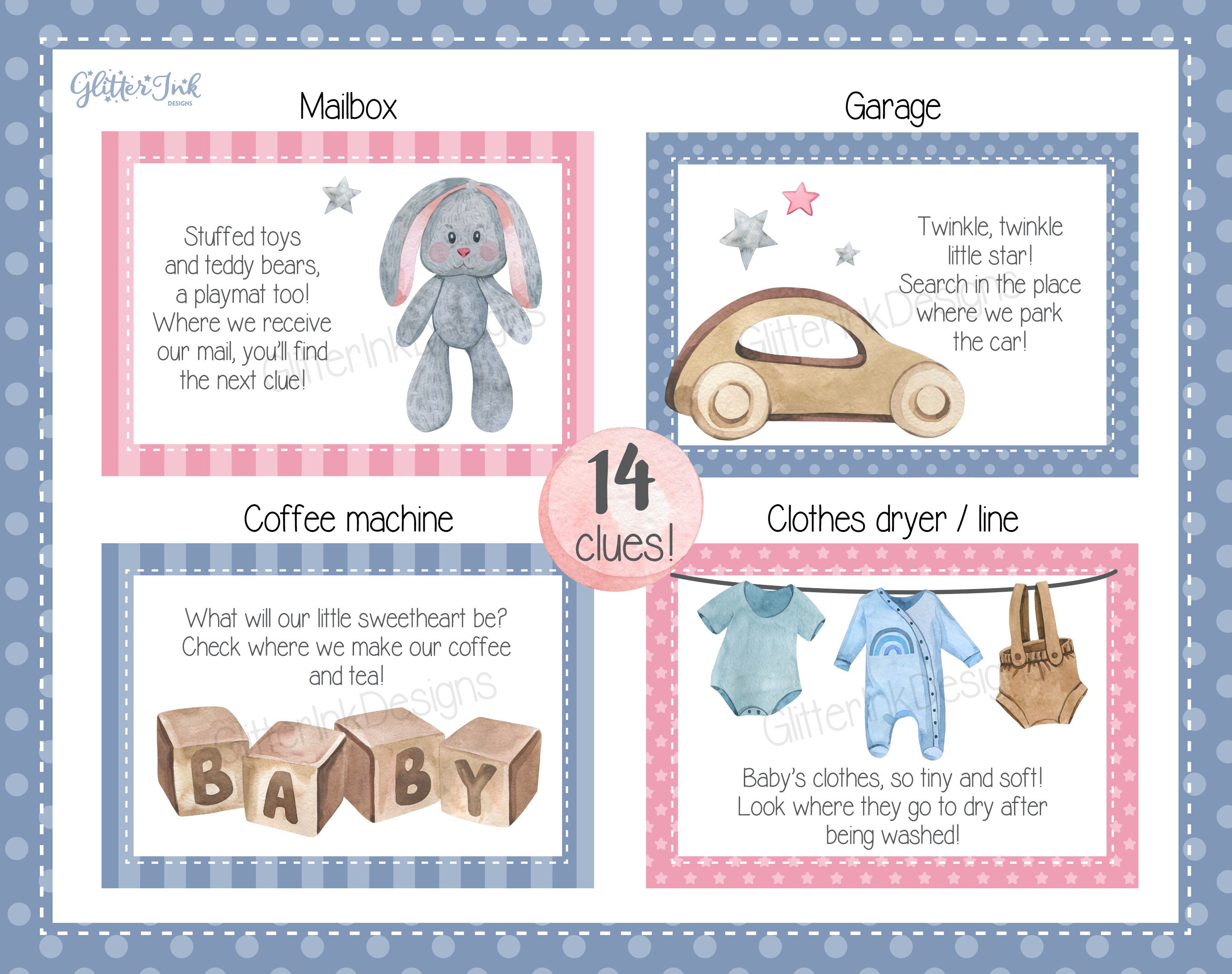 Gender Reveal Scavenger Hunt Clue Cards for Baby Shower Party Games ...