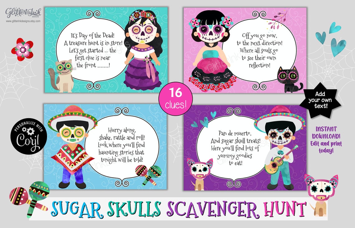 Day of the Dead Scavenger Hunt Clue Cards / Dia De Los Muertos Sugar ...