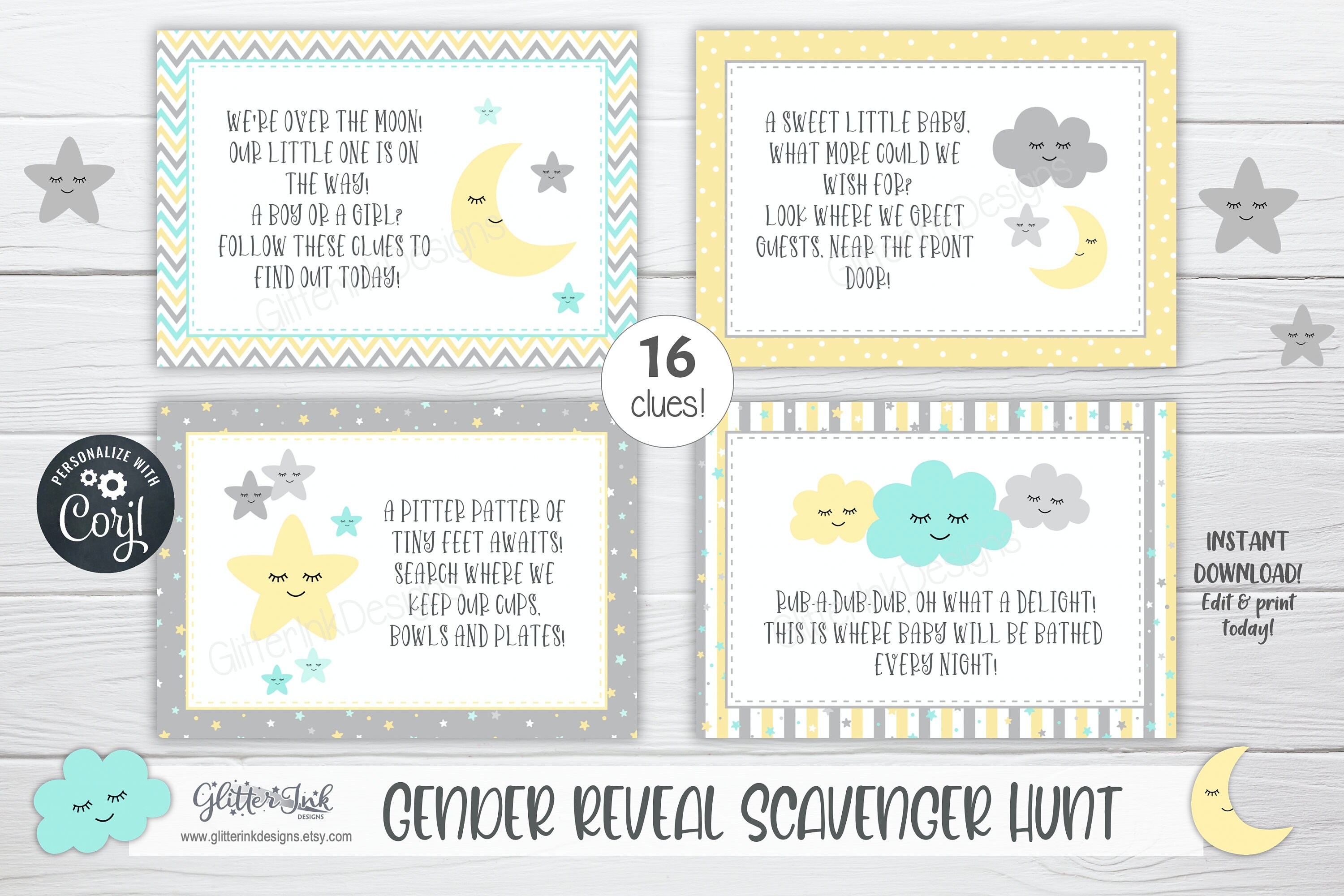 Gender Reveal Scavenger Hunt Clue Cards for Baby Shower Party Games ...