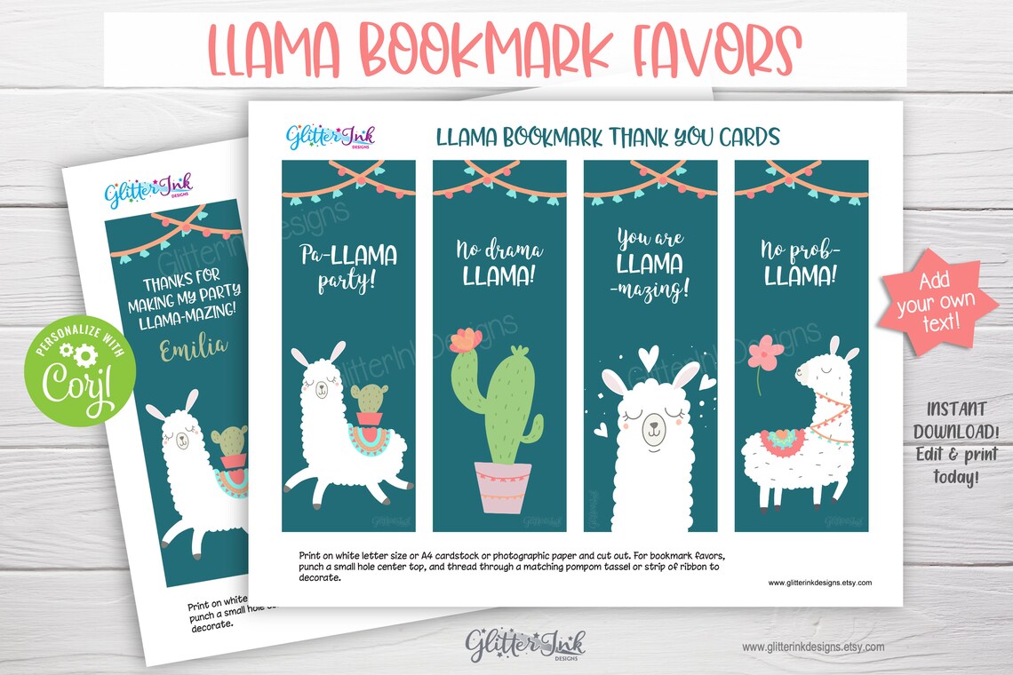 Llama Party Bookmark Favor / Llama Party Favors / Llama Birthday Thank ...