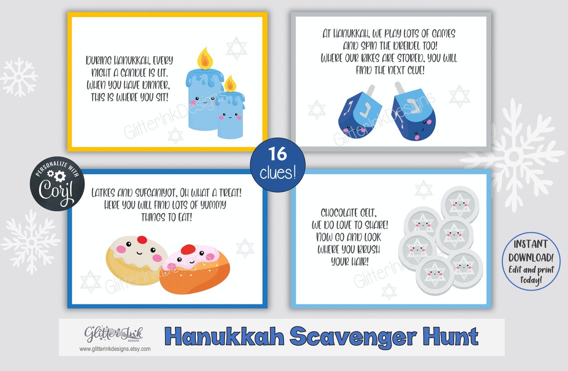 Hanukkah Scavenger Hunt Clue Cards, Jewish Festival of Lights Treasure ...
