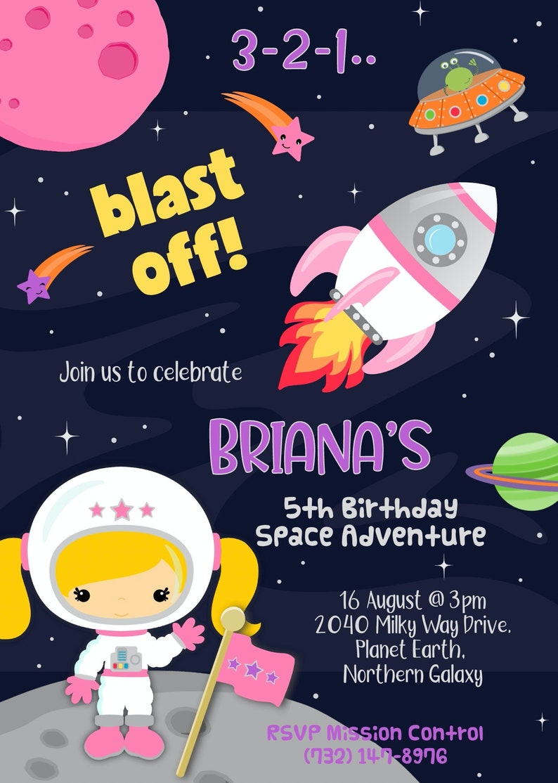 Invitación imprimible para fiesta espacial con astronauta de chica ...