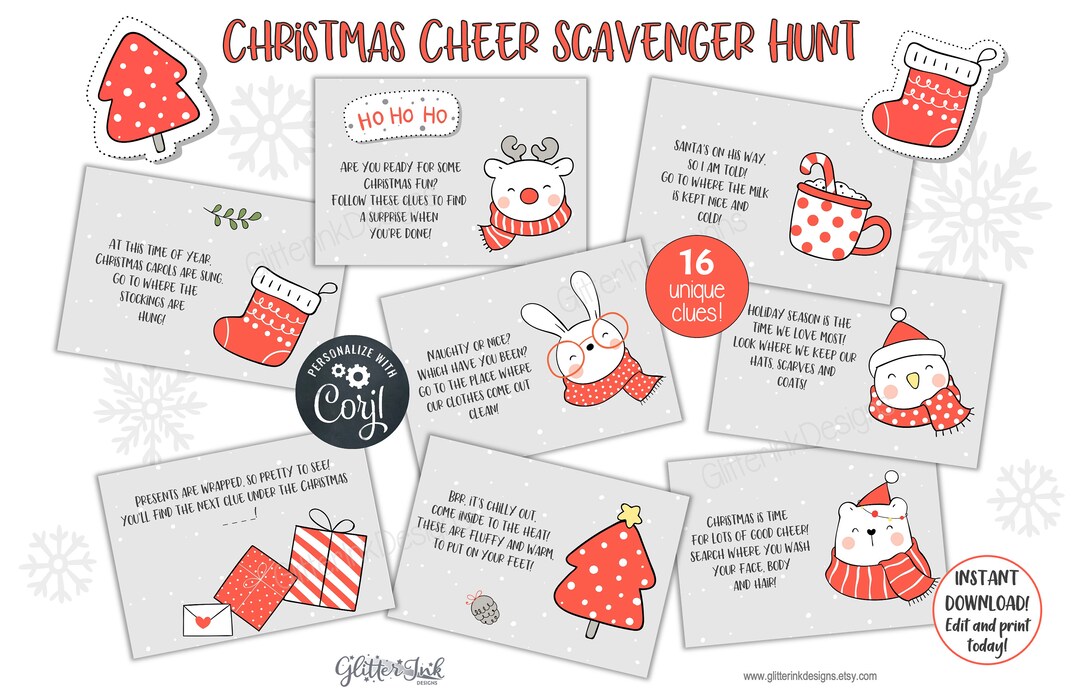 Christmas Scavenger Hunt Printable Clue Cards, Xmas Indoor Treasure ...