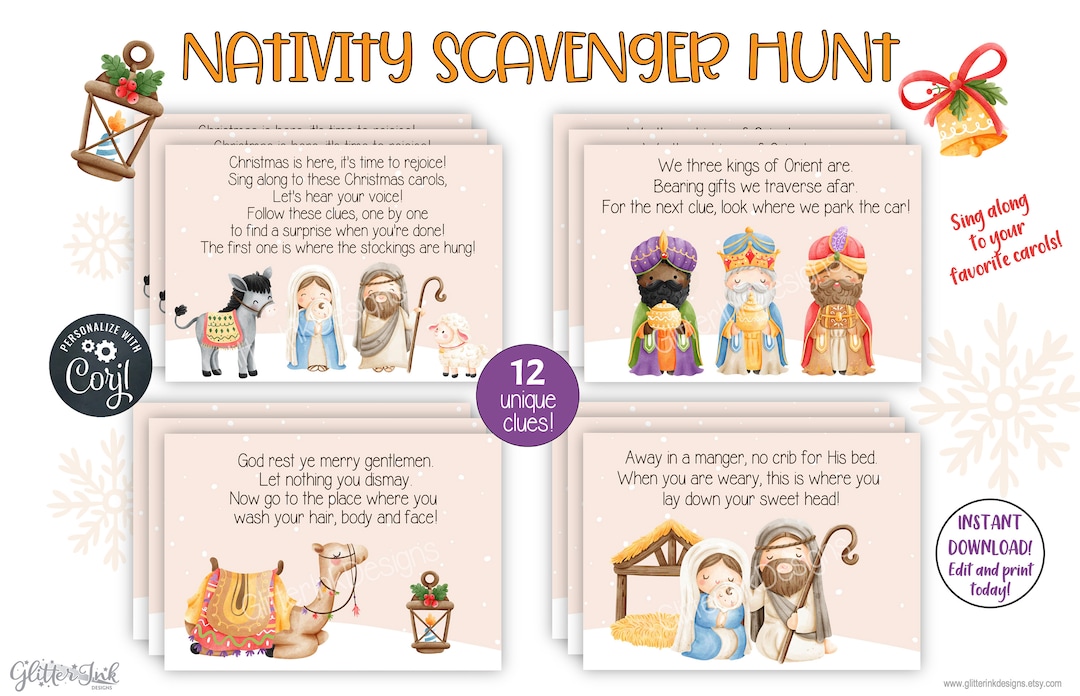 Nativity Scene Christmas Scavenger Hunt Clue Cards, Printable Treasure ...
