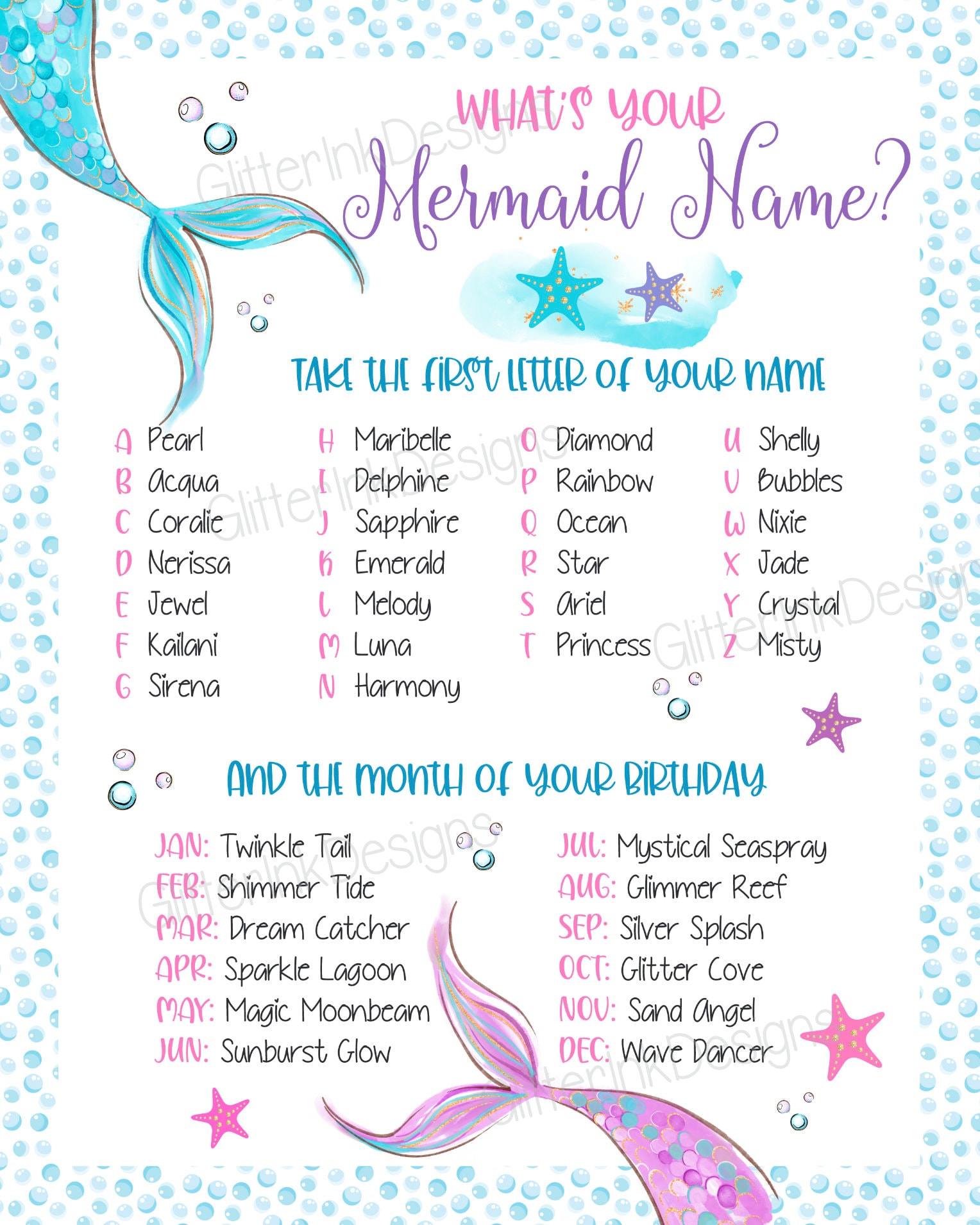 What's Your Mermaid Name Printable Party Game, Under the Sea Birthday ...