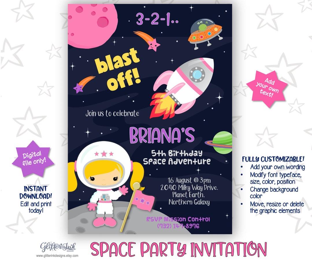 Invitación imprimible para fiesta espacial con astronauta de chica ...