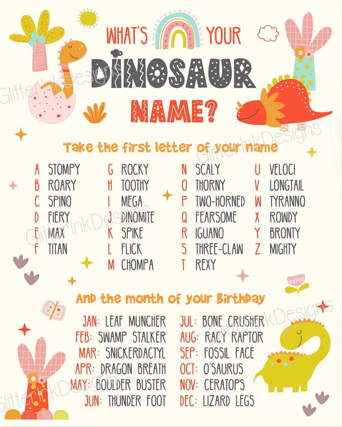 What's Your Dinosaur Name Printable Party Game / Dinosaur Party Decor ...