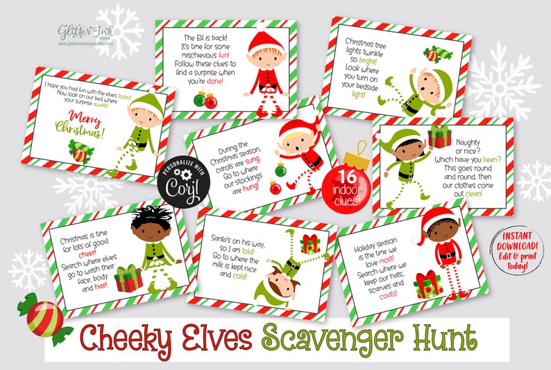 Christmas Elves Kids Treasure Hunt, Cheeky Elf Scavenger Hunt Clue ...