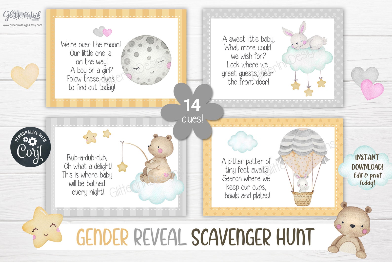 Gender Reveal Scavenger Hunt Clue Cards for Baby Shower Party Games ...