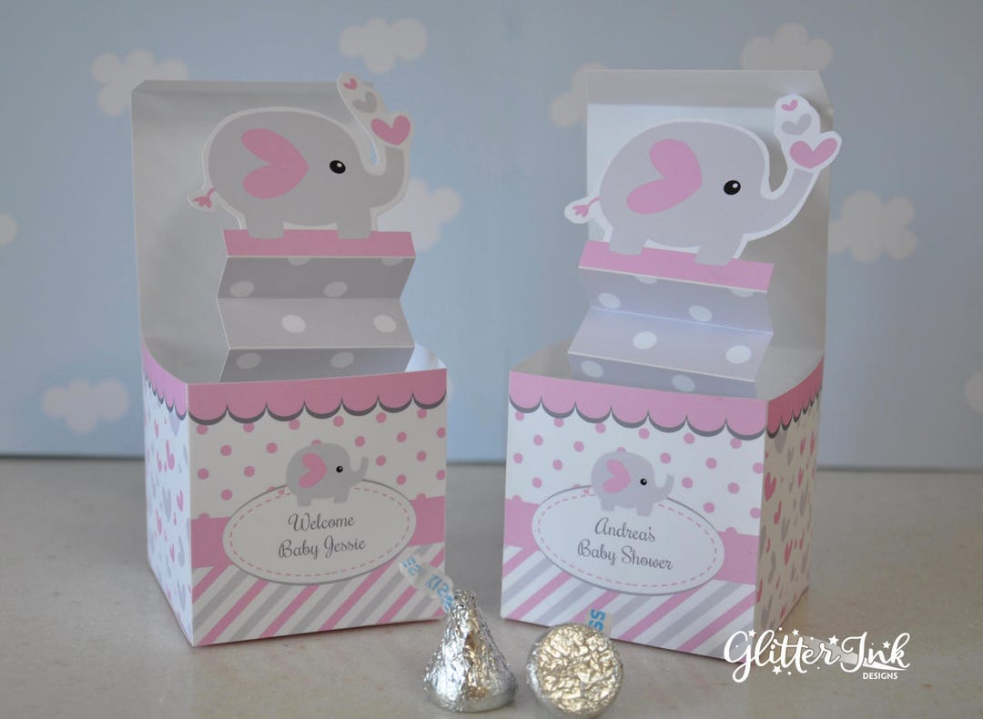 Pink and Grey Elephant Baby Shower Pop up Favor Box Jack in the Box ...