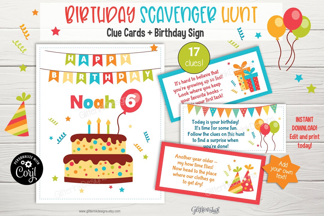 Birthday Party Scavenger Hunt Clue Cards & Sign / Birthday Treasure ...