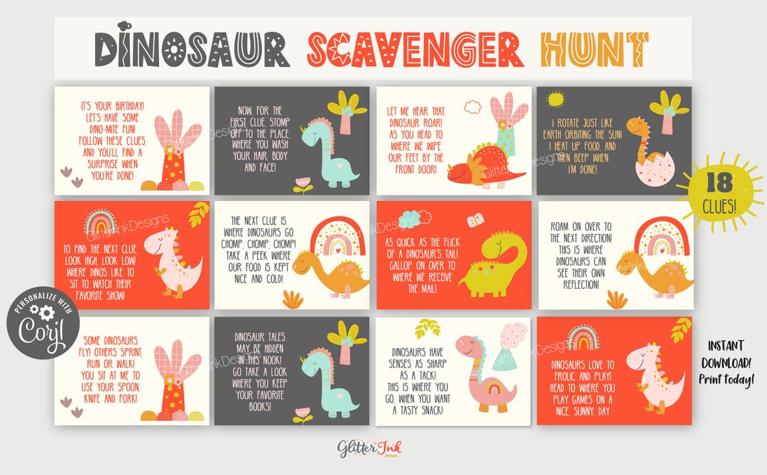 Dinosaur Scavenger Hunt / Dinosaur Kids Treasure Hunt Clues / Dinosaur ...