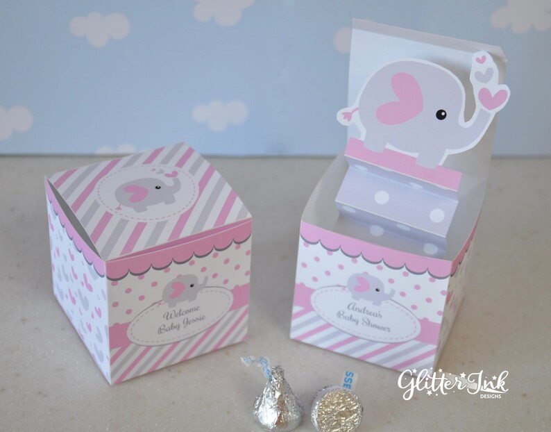 Pink and Grey Elephant Baby Shower Pop up Favor Box Jack in the Box ...