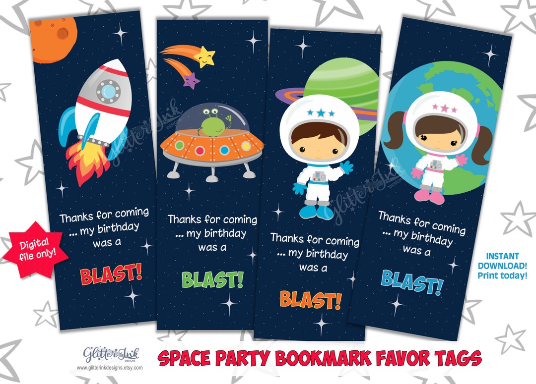 Outer Space Printable Bookmark Party Favors, Rocket Spaceship Editable ...