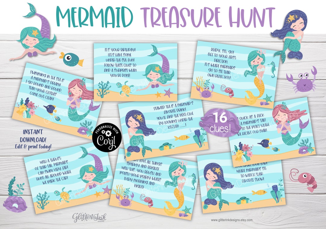 Under the Sea Mermaid Scavenger Hunt Clue Cards, Printable Treasure ...