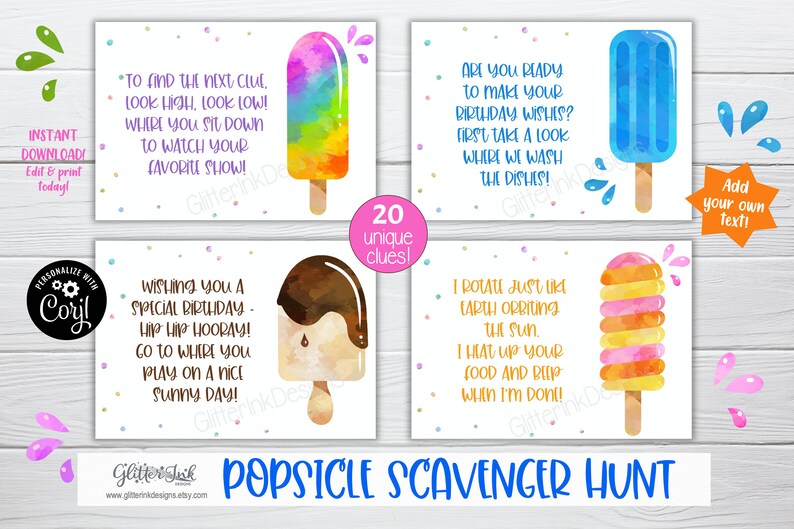 Popsicle Birthday Scavenger Hunt Clue Cards / Popsicle Party Treasure ...
